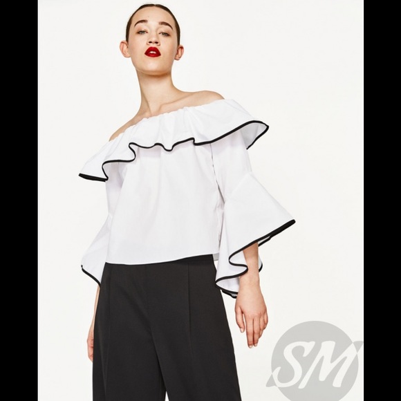 Zara | Tops | Zara White With Black Details Ruffled Top Nwt | Poshmark
